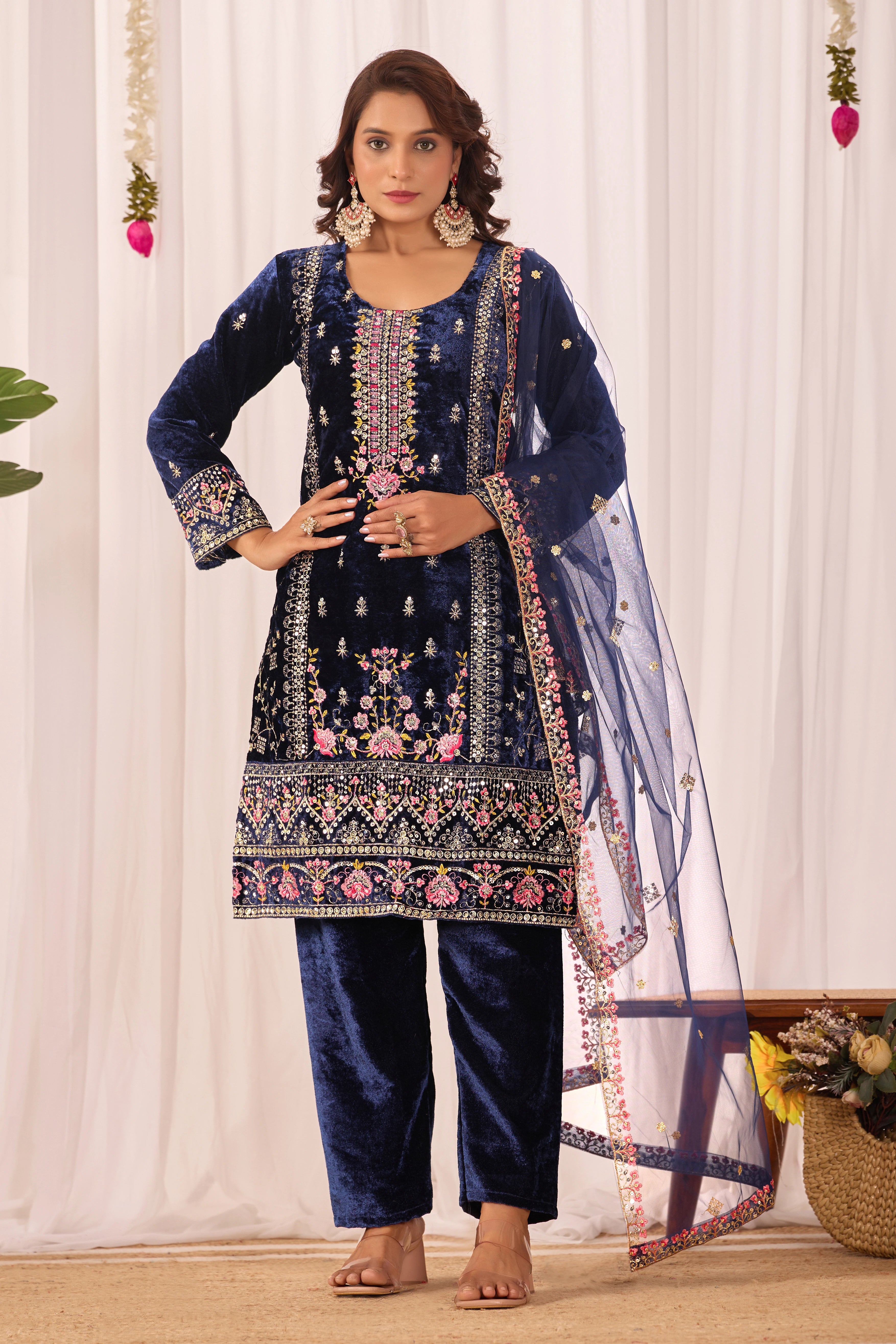 Navy Blue Sequins Embroidery Work Viscos Velvet Suit – Kalyanja