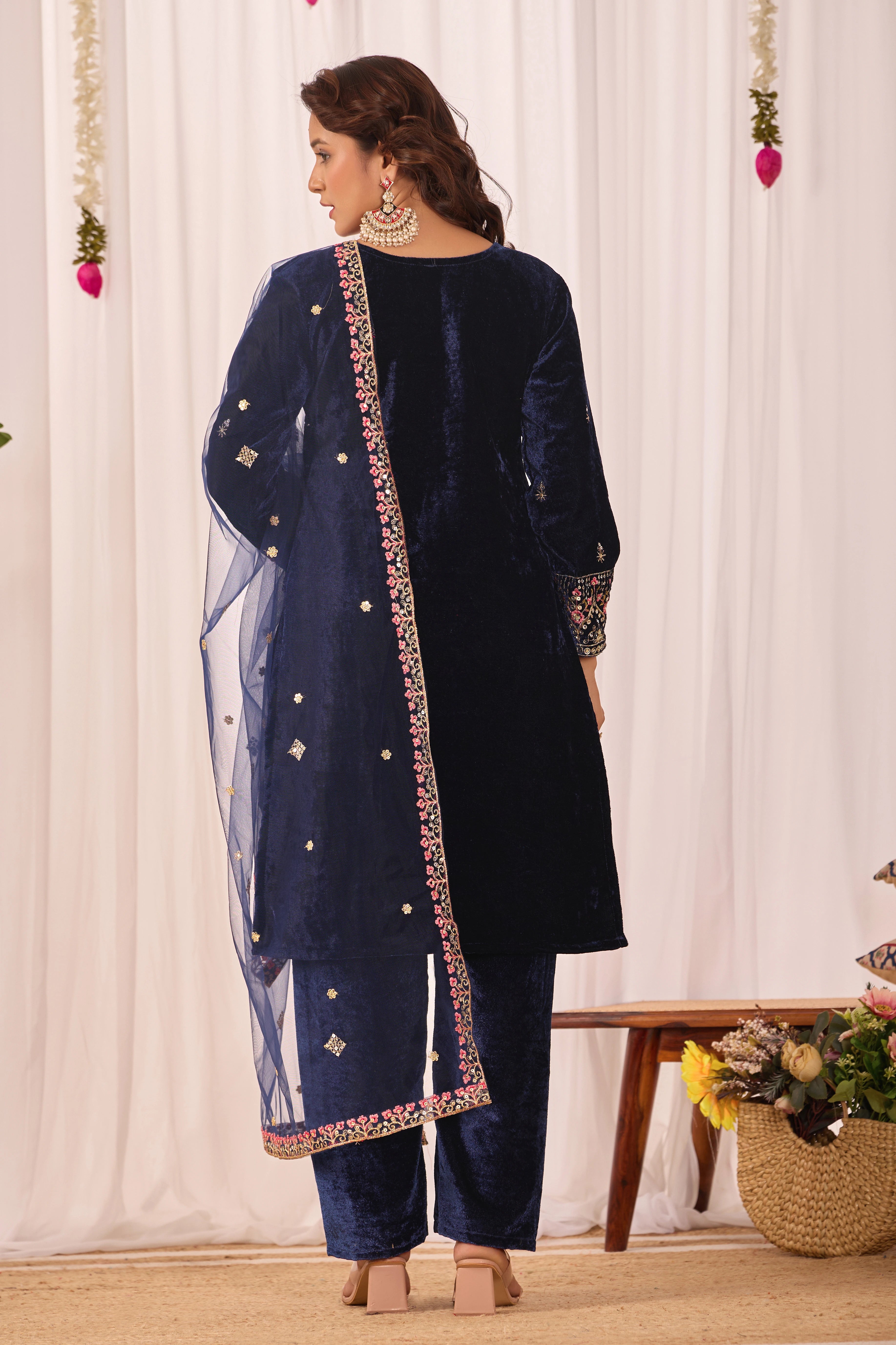 Navy Blue Sequins Embroidery Work Viscos Velvet Suit – Kalyanja